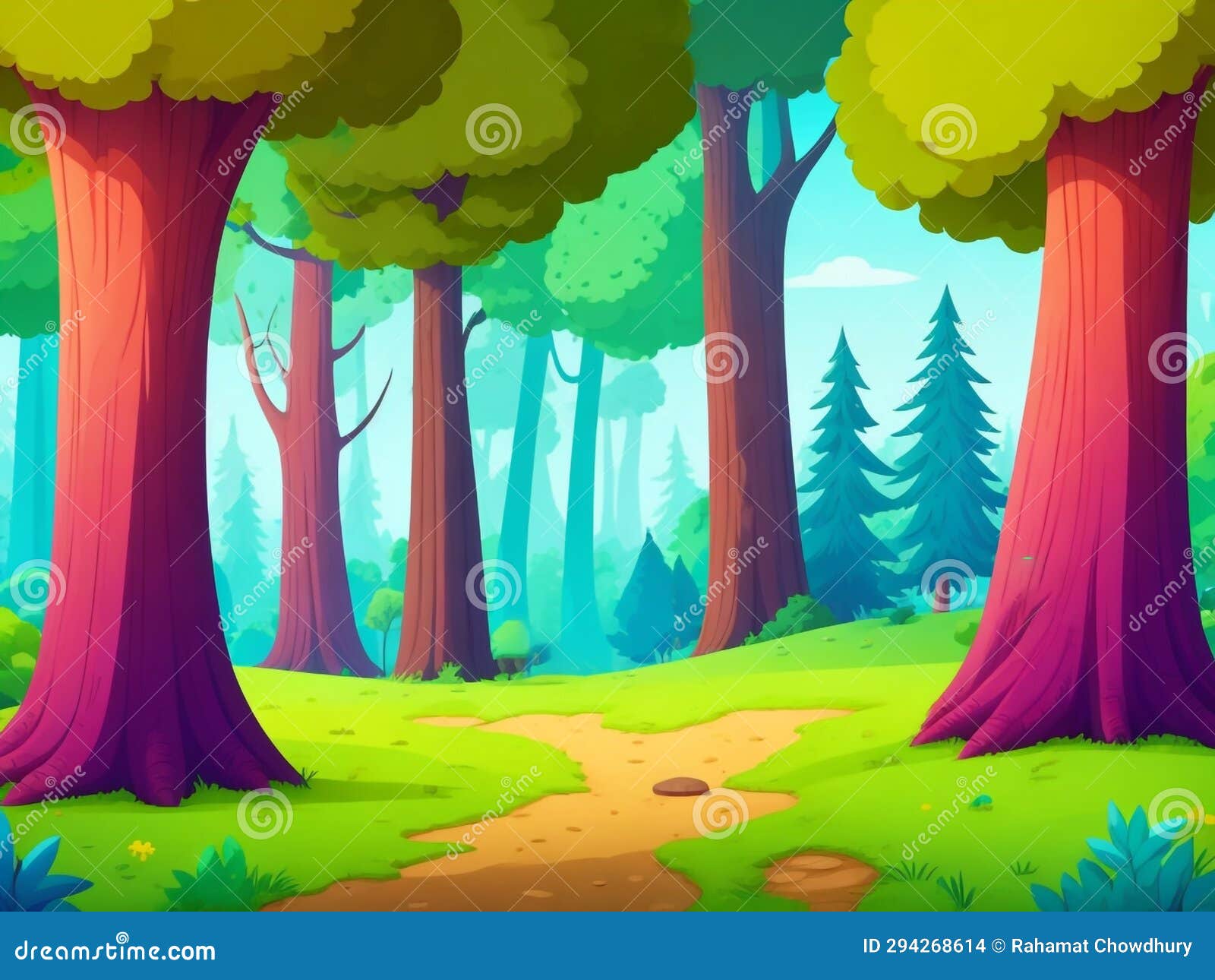 Village Forest Cartoon Scene with Forest and Trees Background Stock ...