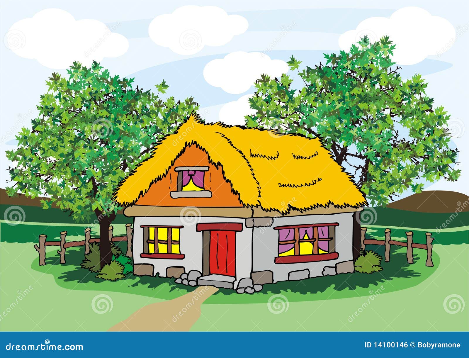 Village House with Hay and Trees Stock Vector - Illustration of stone ...