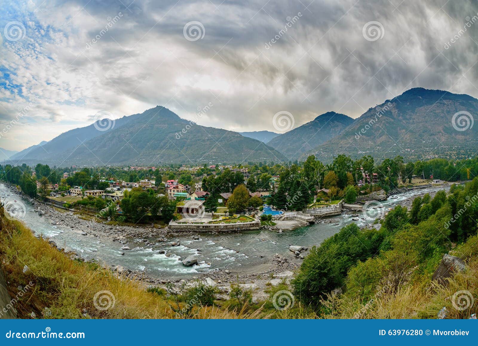 Village in Kullu Valley, Beas River Foreground Stock Photo - Image of ...