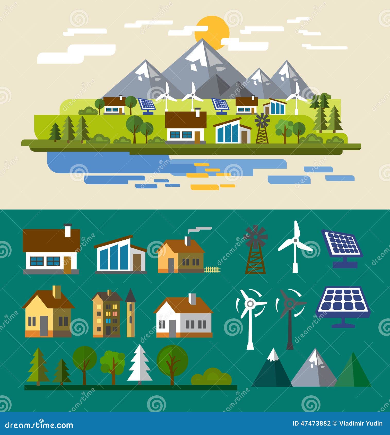 Village landscape stock vector. Illustration of flat - 47473882