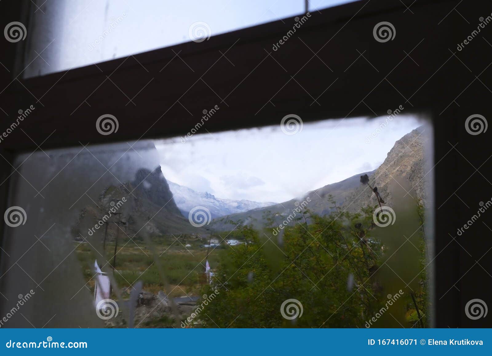 Village in a Mountain View from the Wet Window. Stock Image - Image of ...
