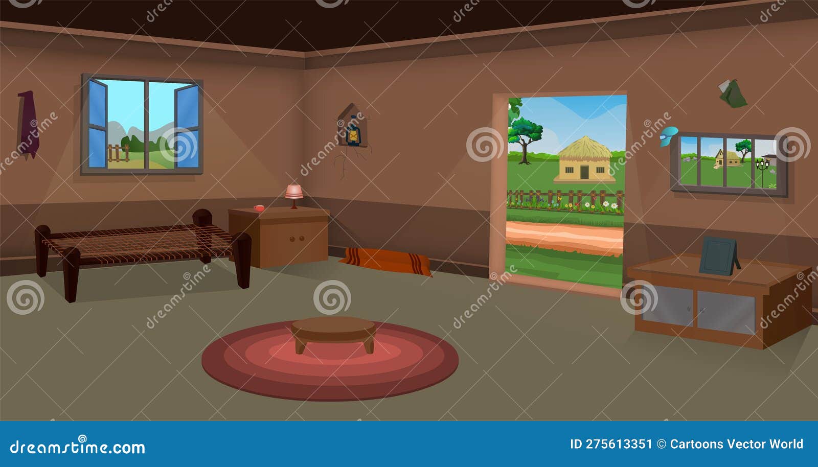 Village Room Inside Cartoon Background Vector, Poor House Room Interior ...
