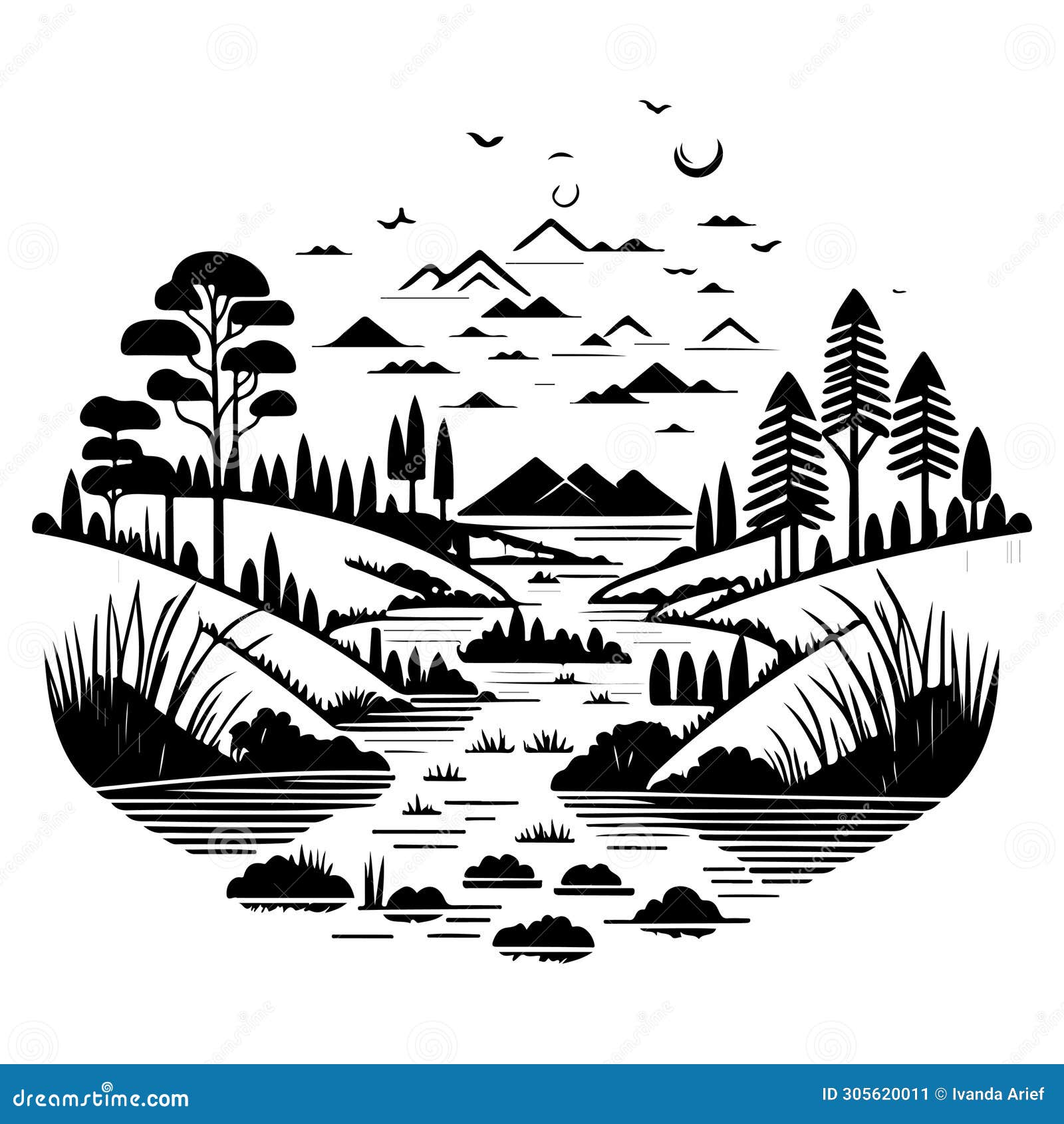Village River Graphic Illustration Sketch Hand Draw Stock Vector ...