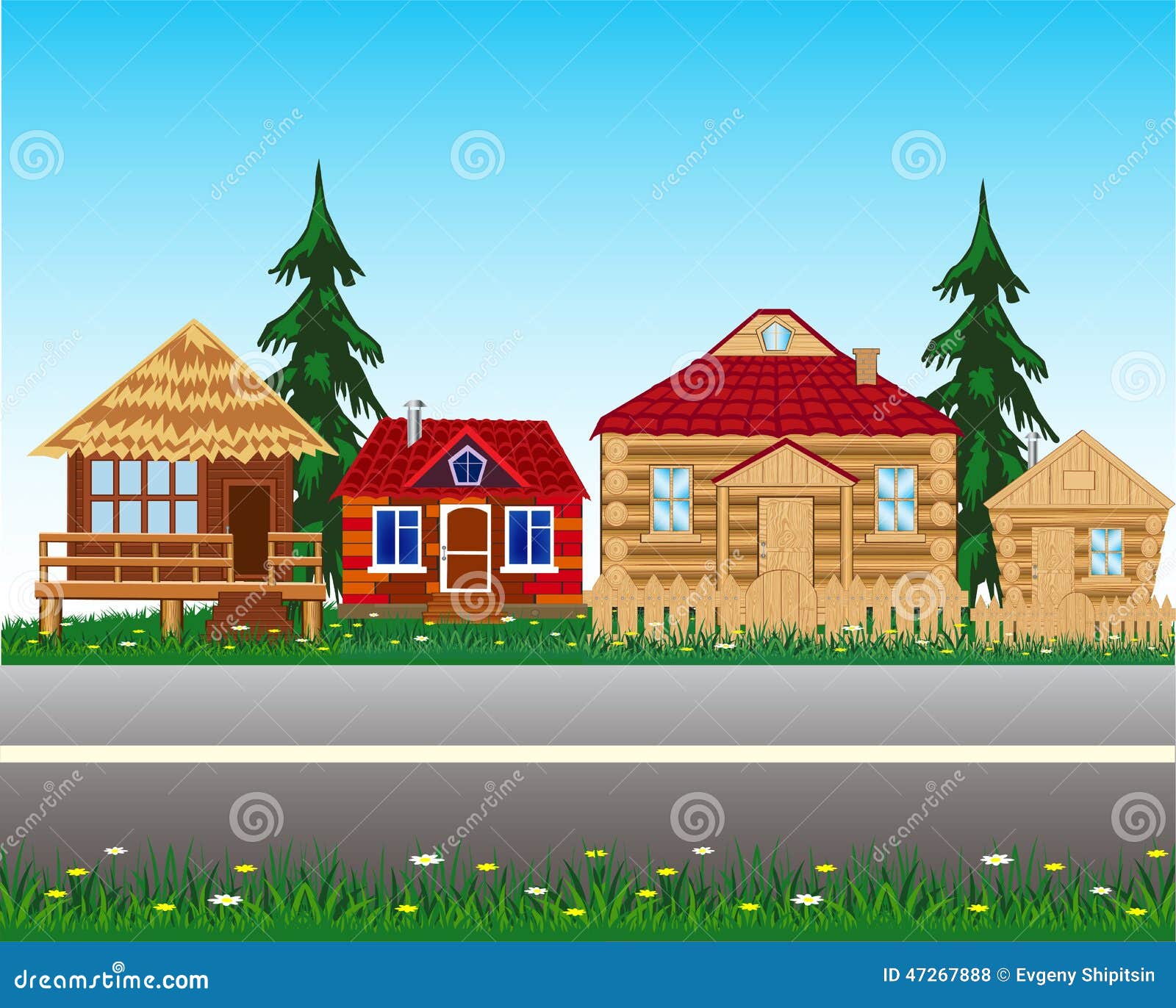Village beside roads stock vector. Illustration of roof - 47267888