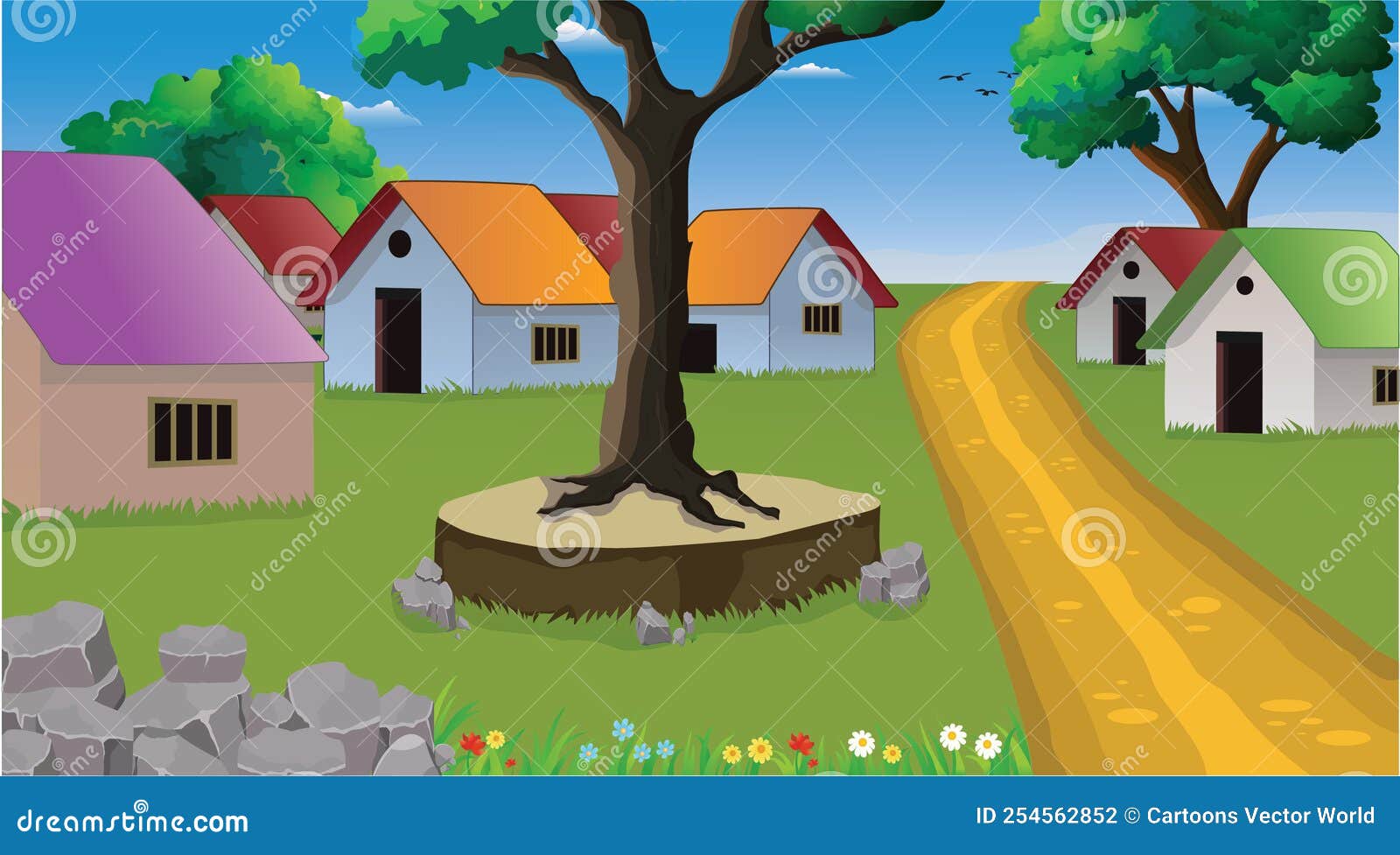 Village Cartoon Background Illustration with Old Style Cottage, Well ...