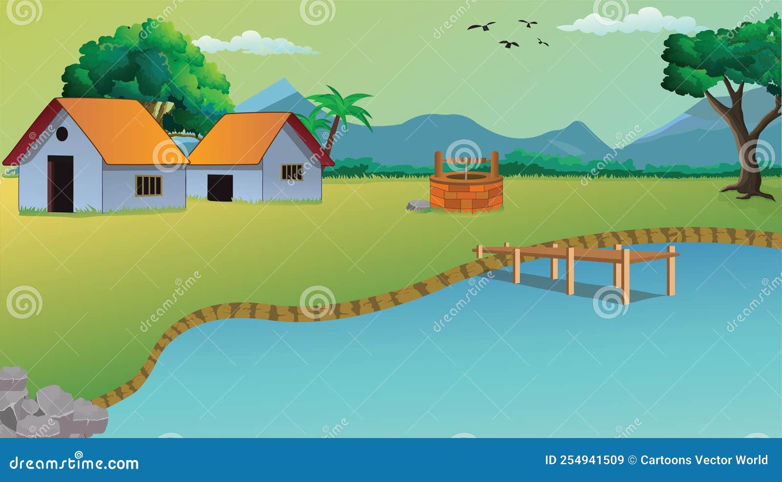 Village Cartoon Background Illustration with Old Style Cottage, Lake ...