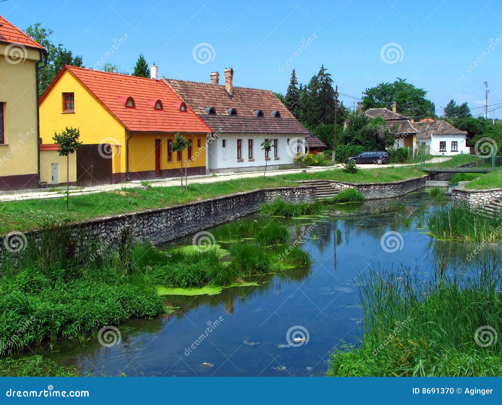 Village scene with lake stock photo. Image of white, reflection - 8691370