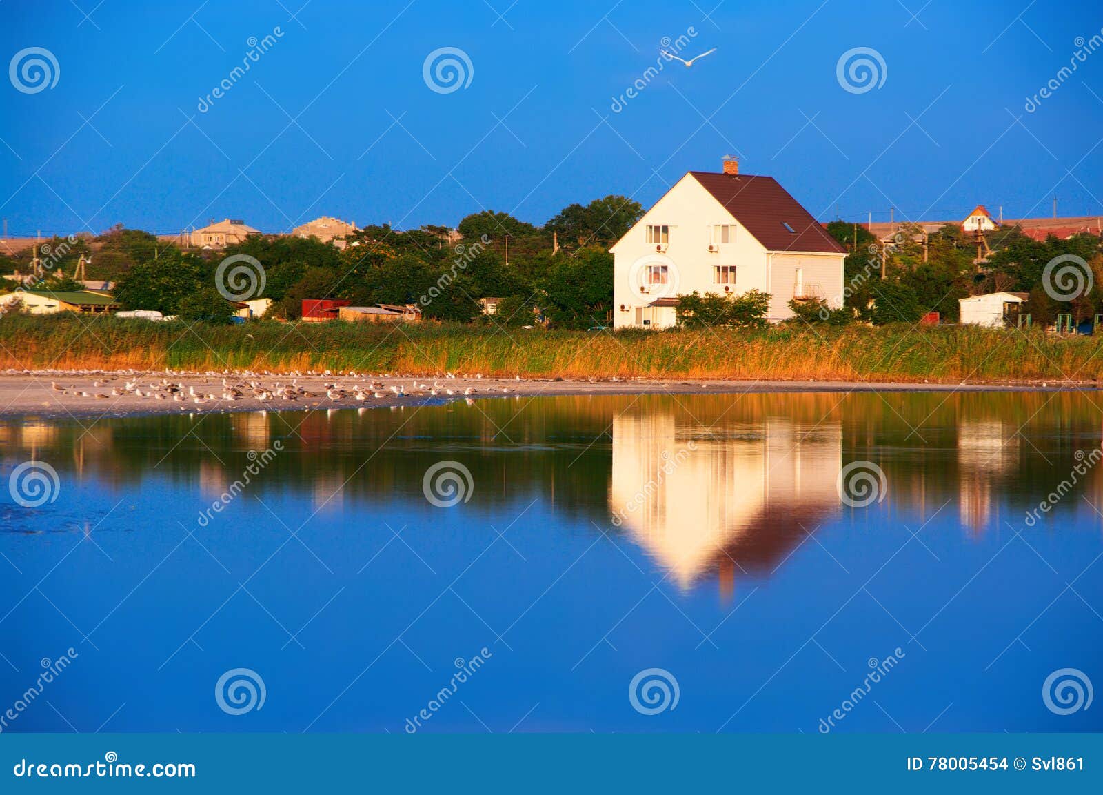 Village on shore of lake stock photo. Image of rustic - 78005454