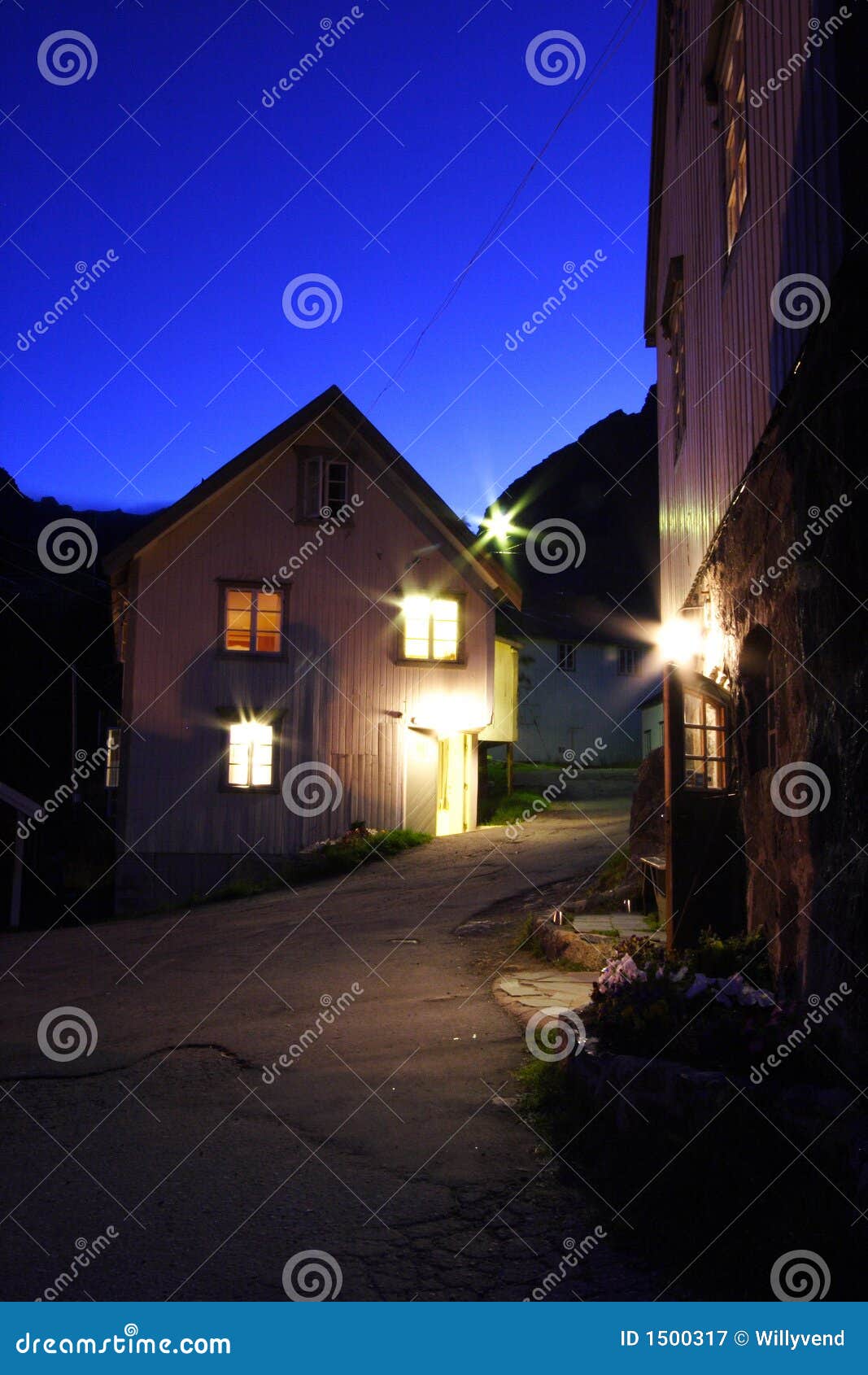 Village street at night stock image. Image of night, building - 1500317