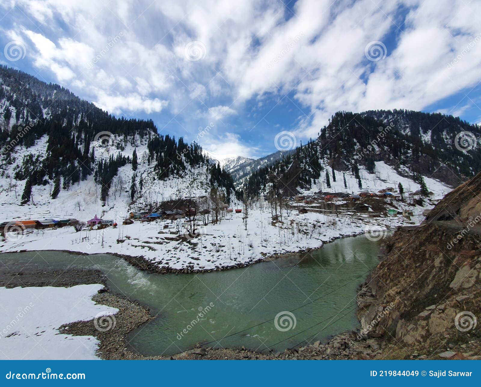 A Village of a Valley with River and Snow Stock Image - Image of valley ...
