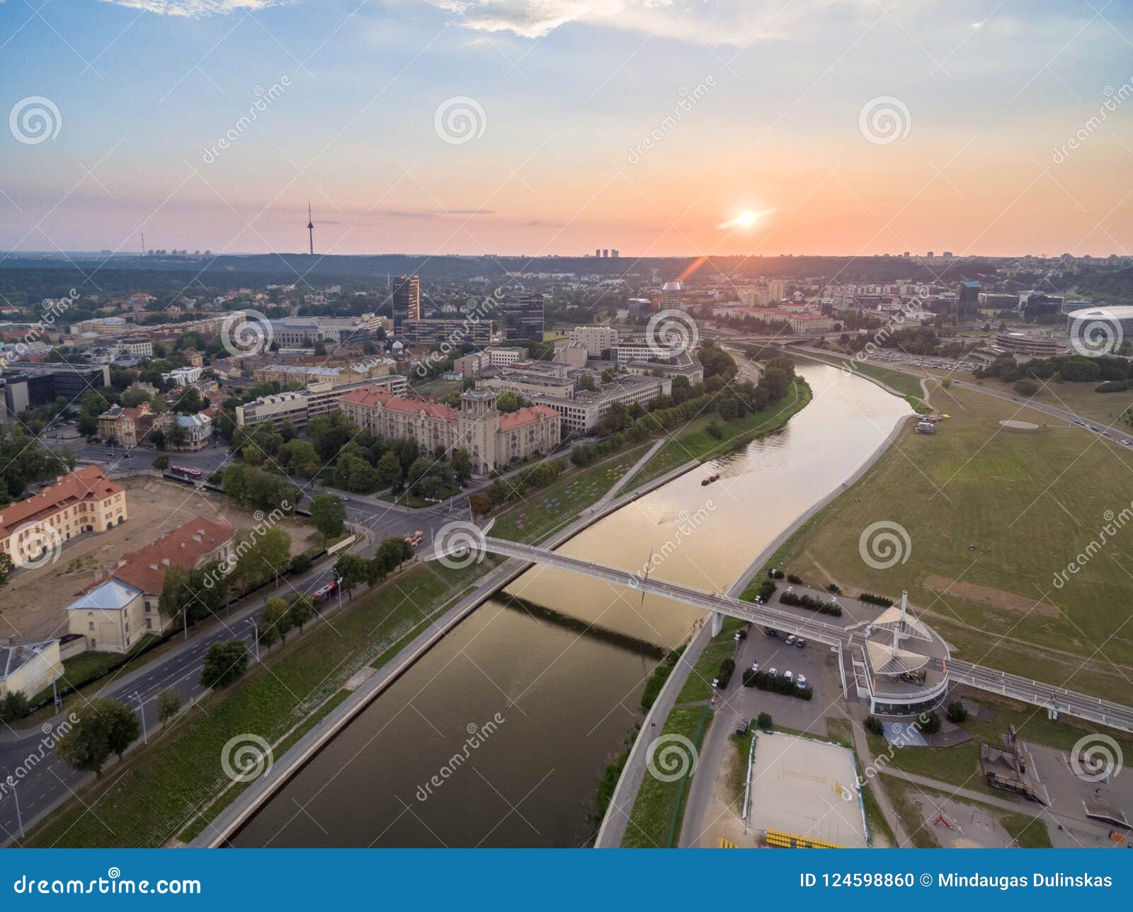 Vilnius Cityscape, River Neris, Old Town and White Bridge in Background ...