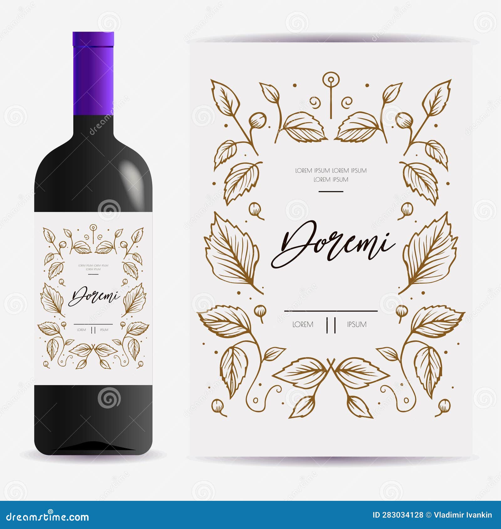 Vine Bottle Label Hand Draw Leaves Decoration Stock Vector ...