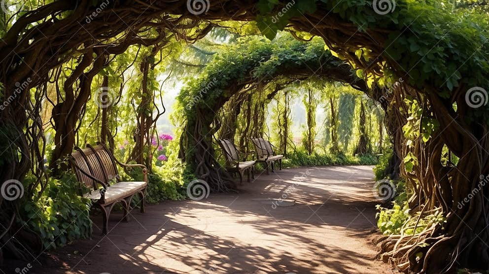 Vine Covered Archway with Bench. Generative AI Stock Illustration ...