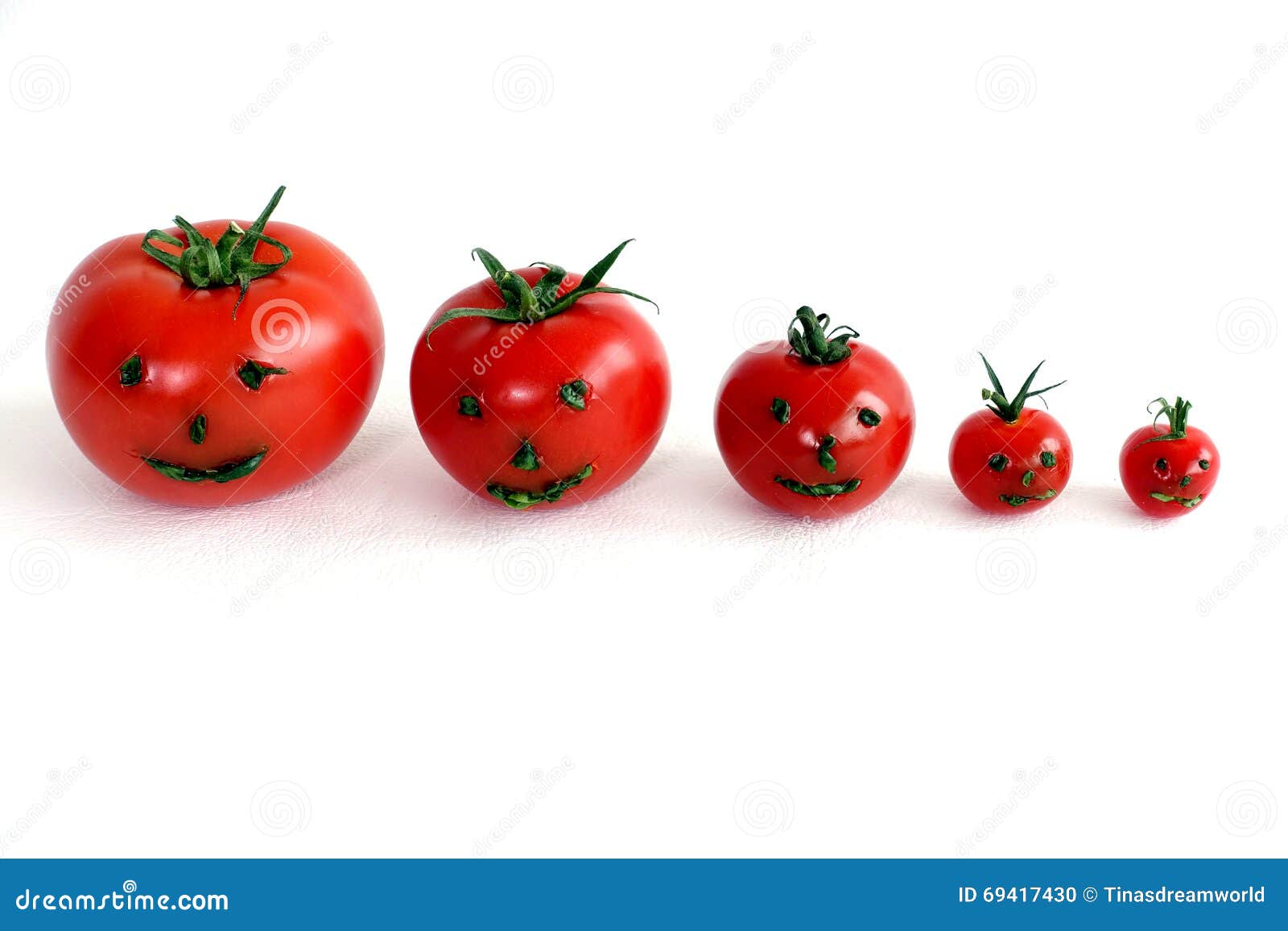 5 Vine Tomatoes with Smiley Faces in a Row on White Background Stock ...