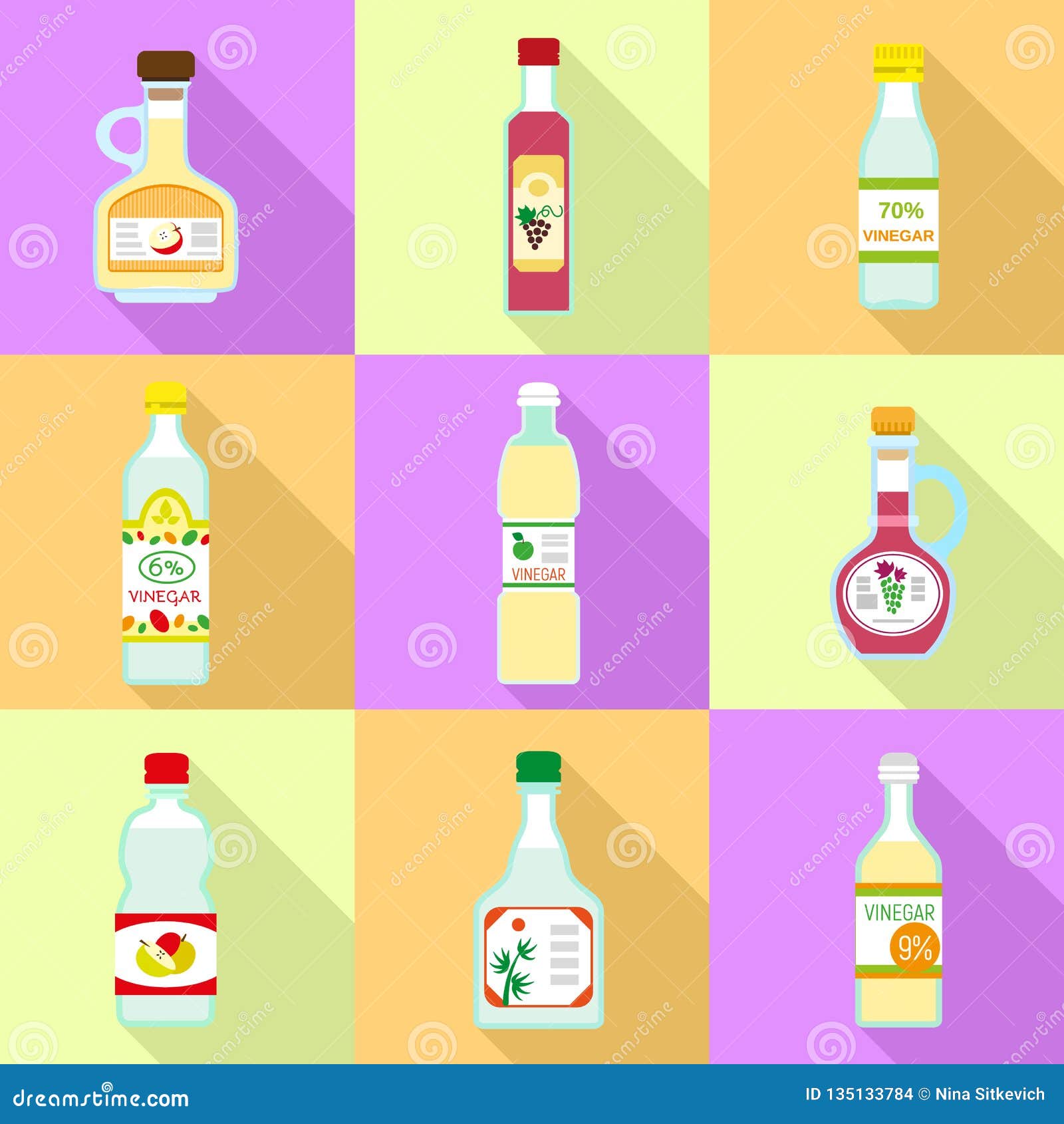 Vinegar Icon Set, Flat Style Stock Vector - Illustration of color, glass: 135133784