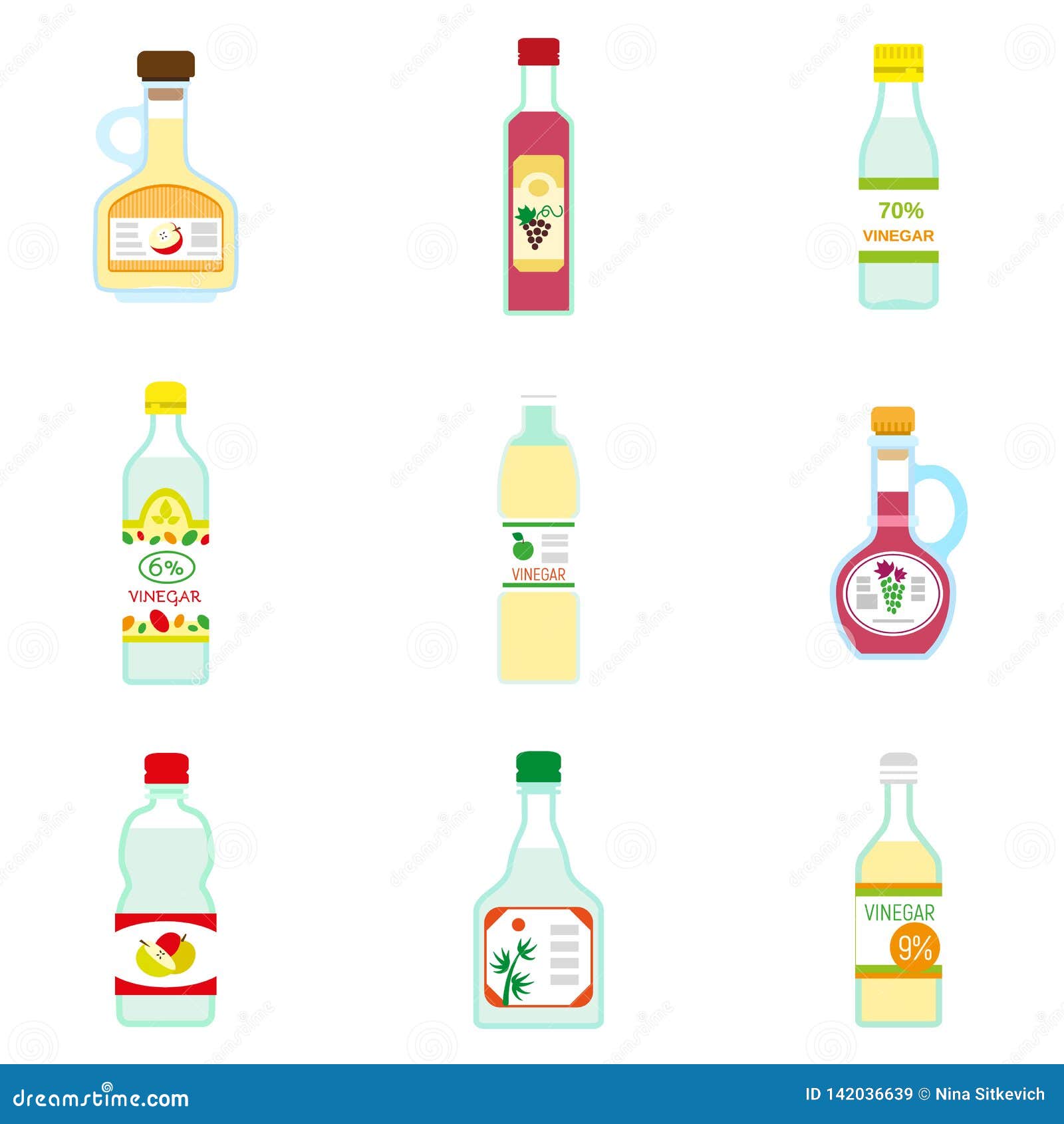 Vinegar Icon Set, Flat Style Stock Vector - Illustration of grapes, cider: 142036639