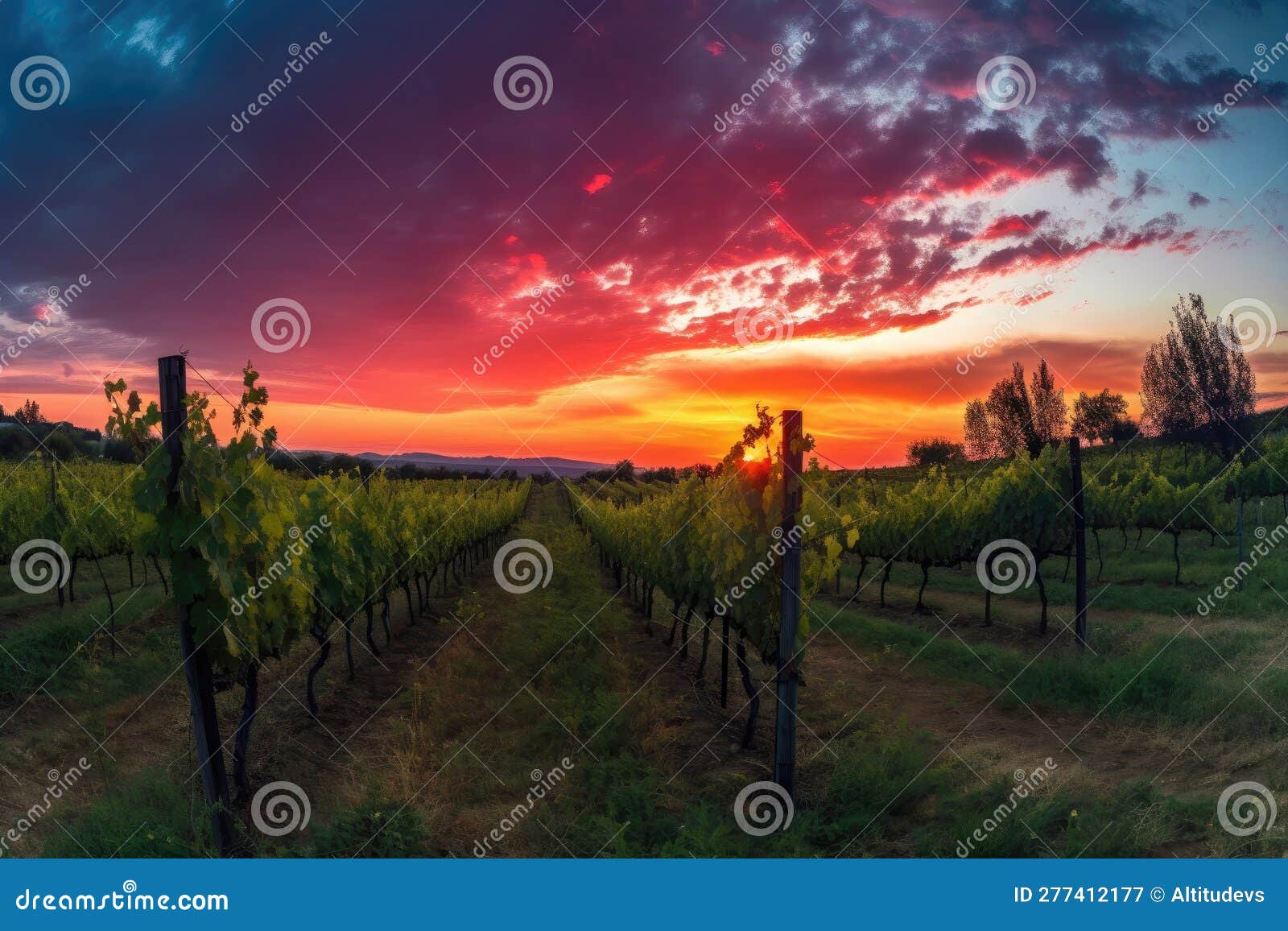 Vineyard in the Evening, with Sunset Sky and Vibrant Colors Stock ...