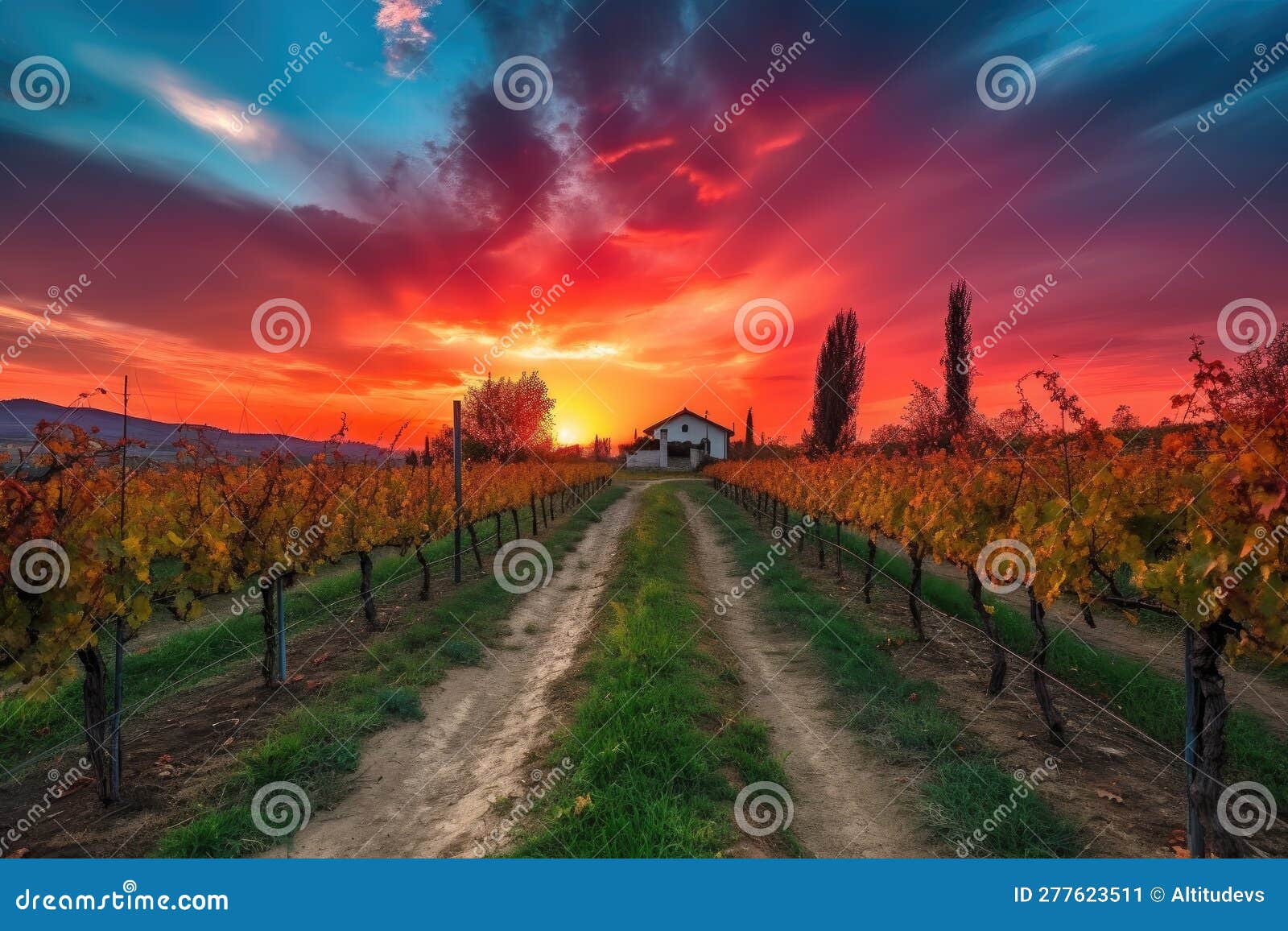 Vineyard in the Evening, with Sunset Sky and Vibrant Colors Stock ...