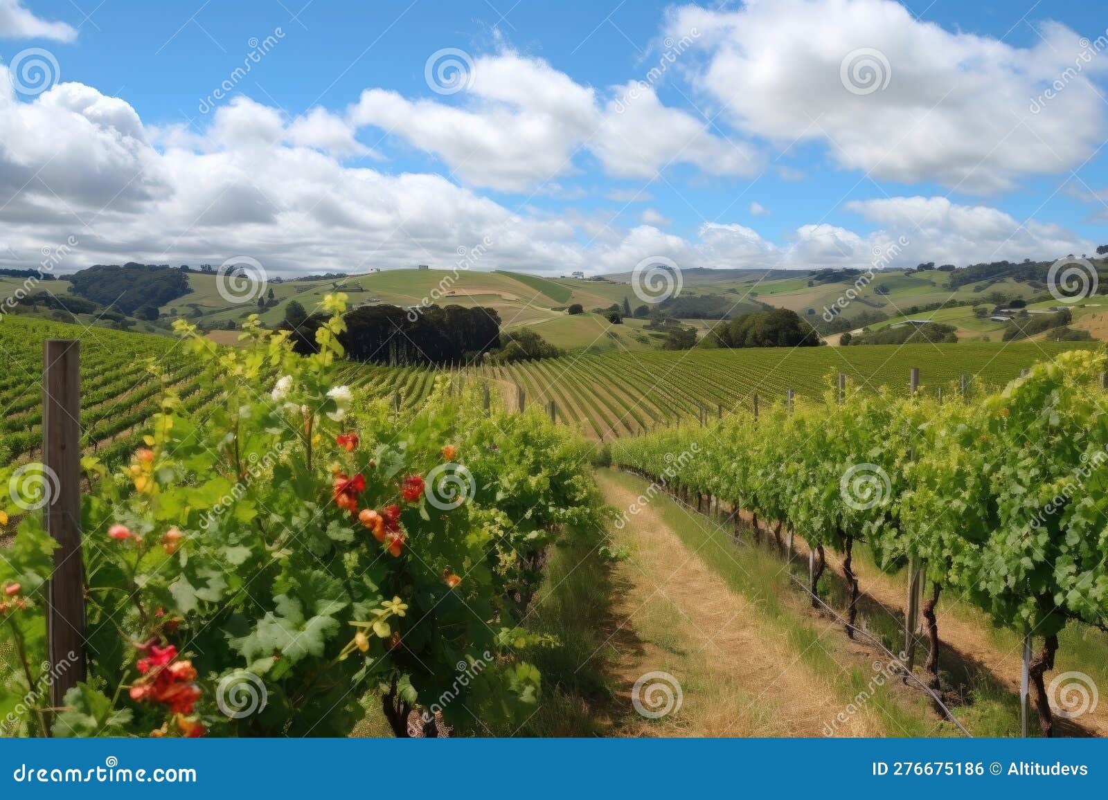 Vineyard in Full Bloom, with Rows of Lush Vines and Rolling Hills Stock ...
