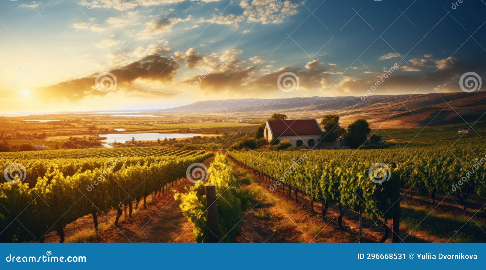 Vineyard Landscape with an Old Winery Building on a Hill in a Sunset ...