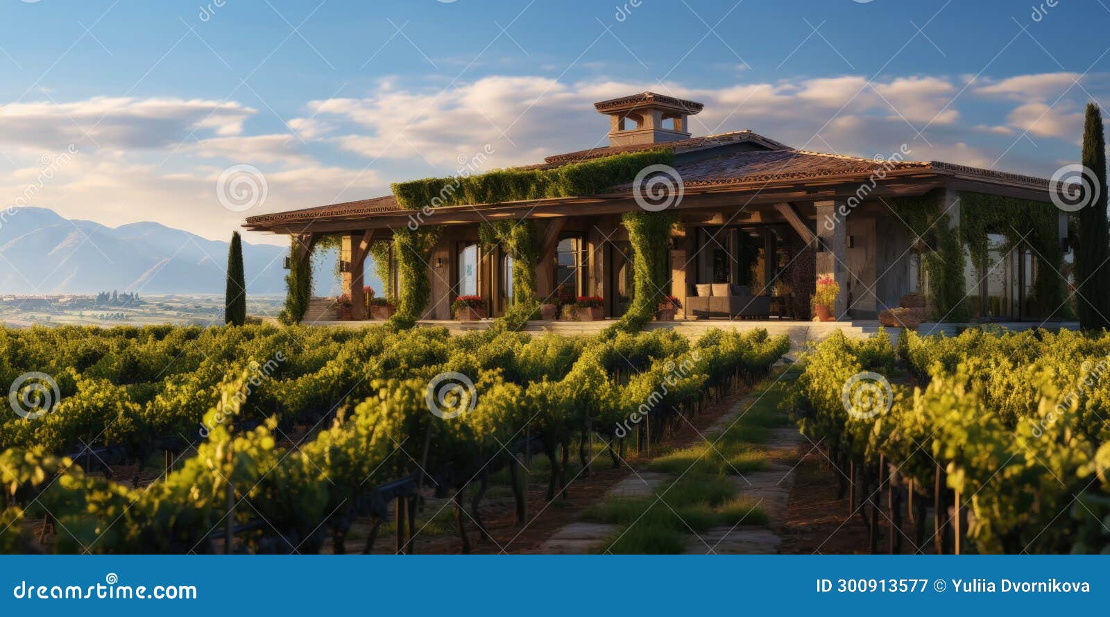 Vineyard Landscape with a Winery Building on a Hill Under Stunning Sky ...