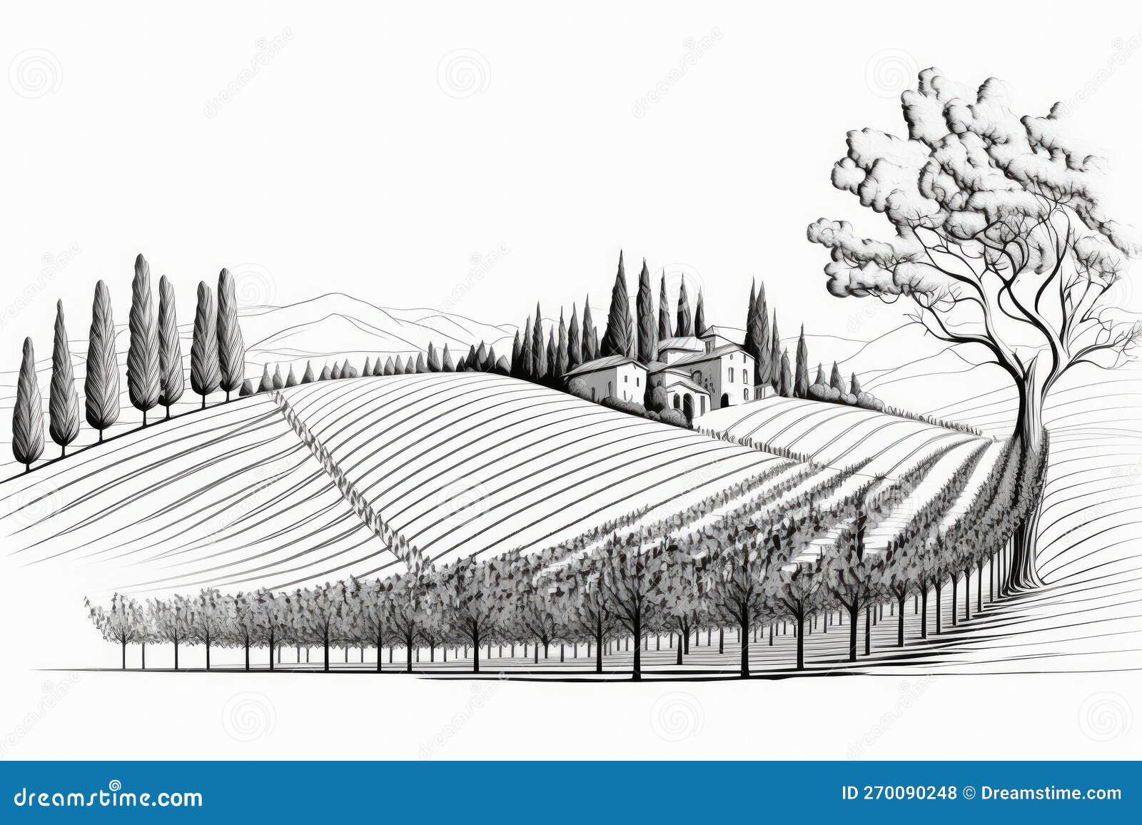 Vineyard with Rows of Grape Vines and House. Simple Line Drawing ...