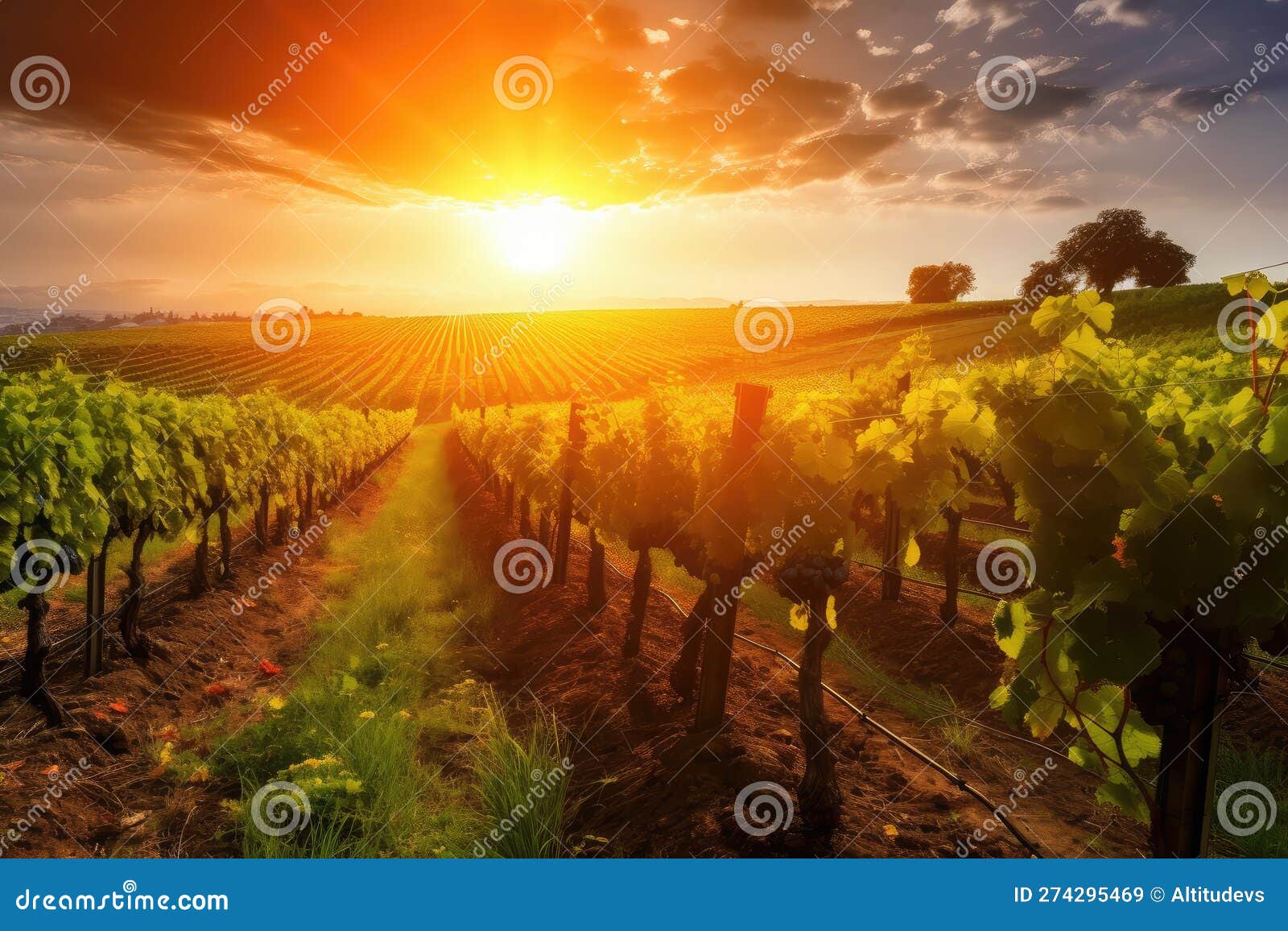 Vineyard with Rows of Vines at Sunset, Surrounded by Golden Sun Rays ...