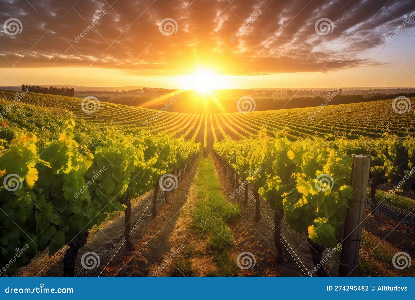 Vineyard with Rows of Vines at Sunset, Surrounded by Golden Sun Rays ...