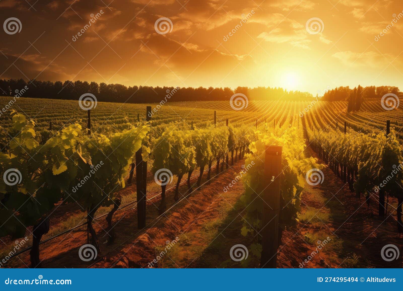 Vineyard with Rows of Vines at Sunset, Surrounded by Golden Sun Rays ...
