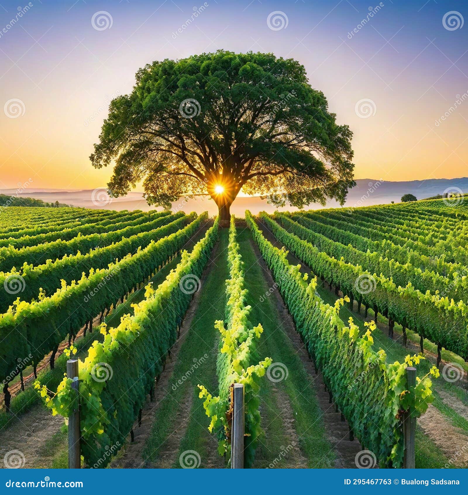 A Vineyard with Rows of Vines and Trees in the Background at Sunset or ...