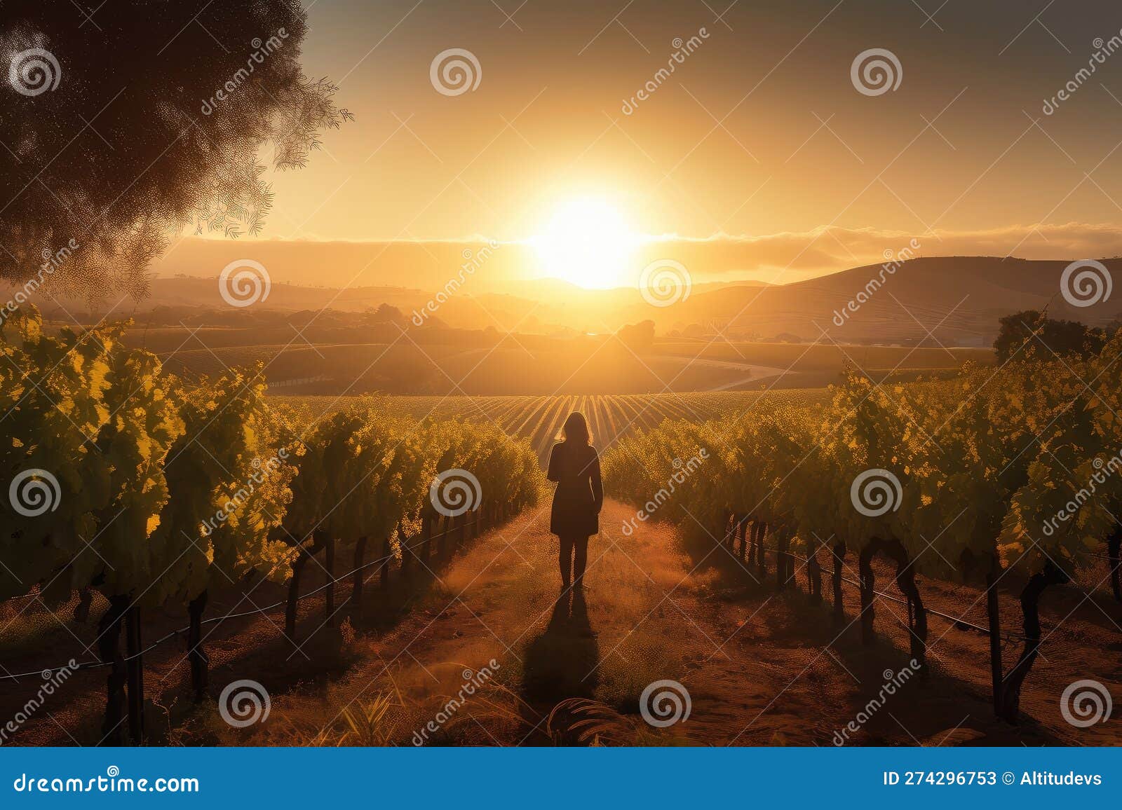 Vineyard, with Sun Setting Over the Vines, and Person Taking in the ... Vineyard, with Sun Setting Over the Vines, and Person Taking in the ...