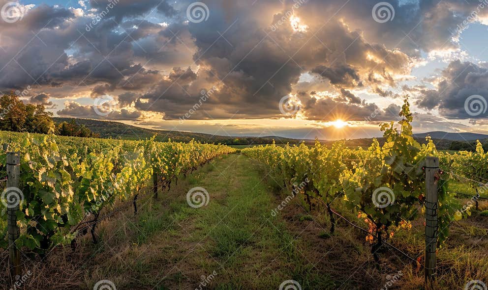 Vineyard at Sunset with Dramatic Clouds and Warm Light Stock Photo ...