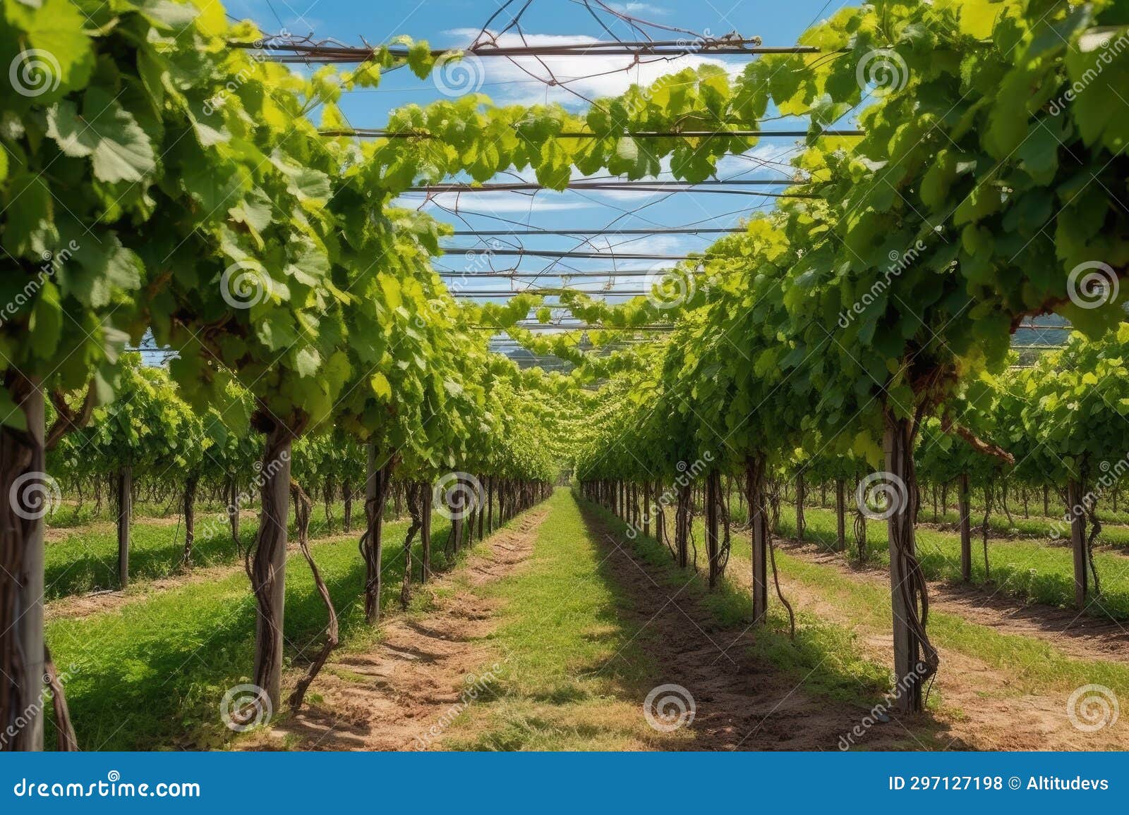 Vineyard Trellis with Green Leaves on Winding Grapevines Stock Photo ...
