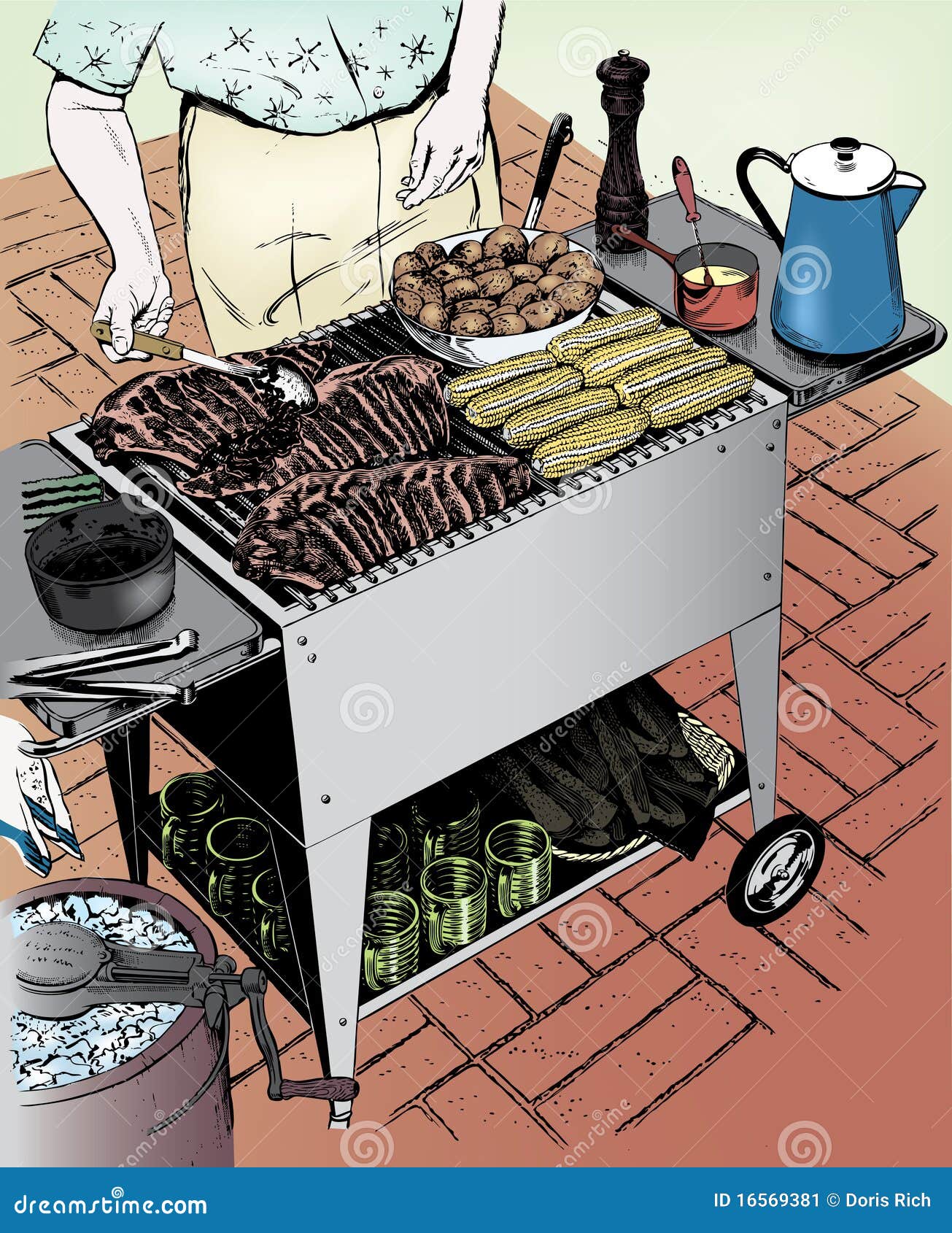 Vintage 1950s Man Grilling stock illustration. Illustration of ...