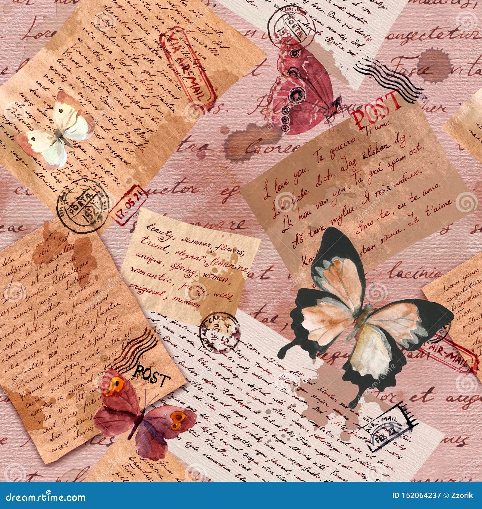 Vintage Aged Paper with Hand Written Notes, Butterflies, Postal Stamps ...