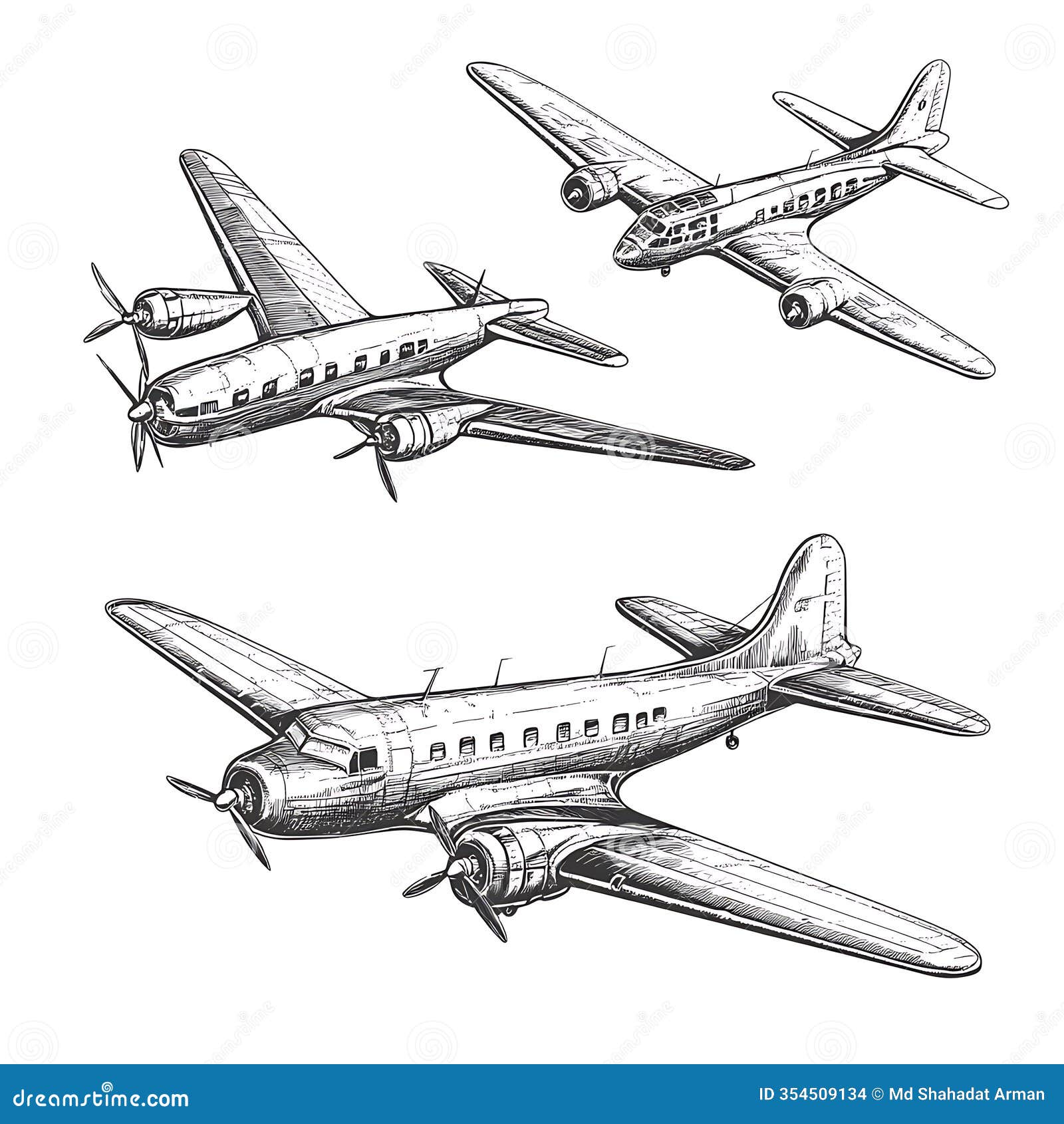 Vintage Airplane Sketches, Three Propeller Planes, Hand Drawn ...