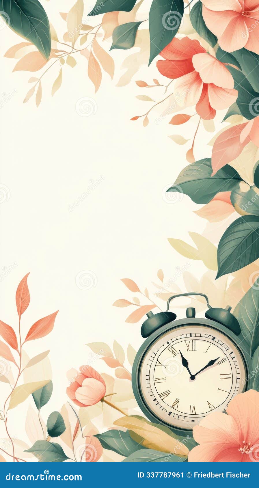Vintage Alarm Clock with Floral Border on Pastel Background Stock ...