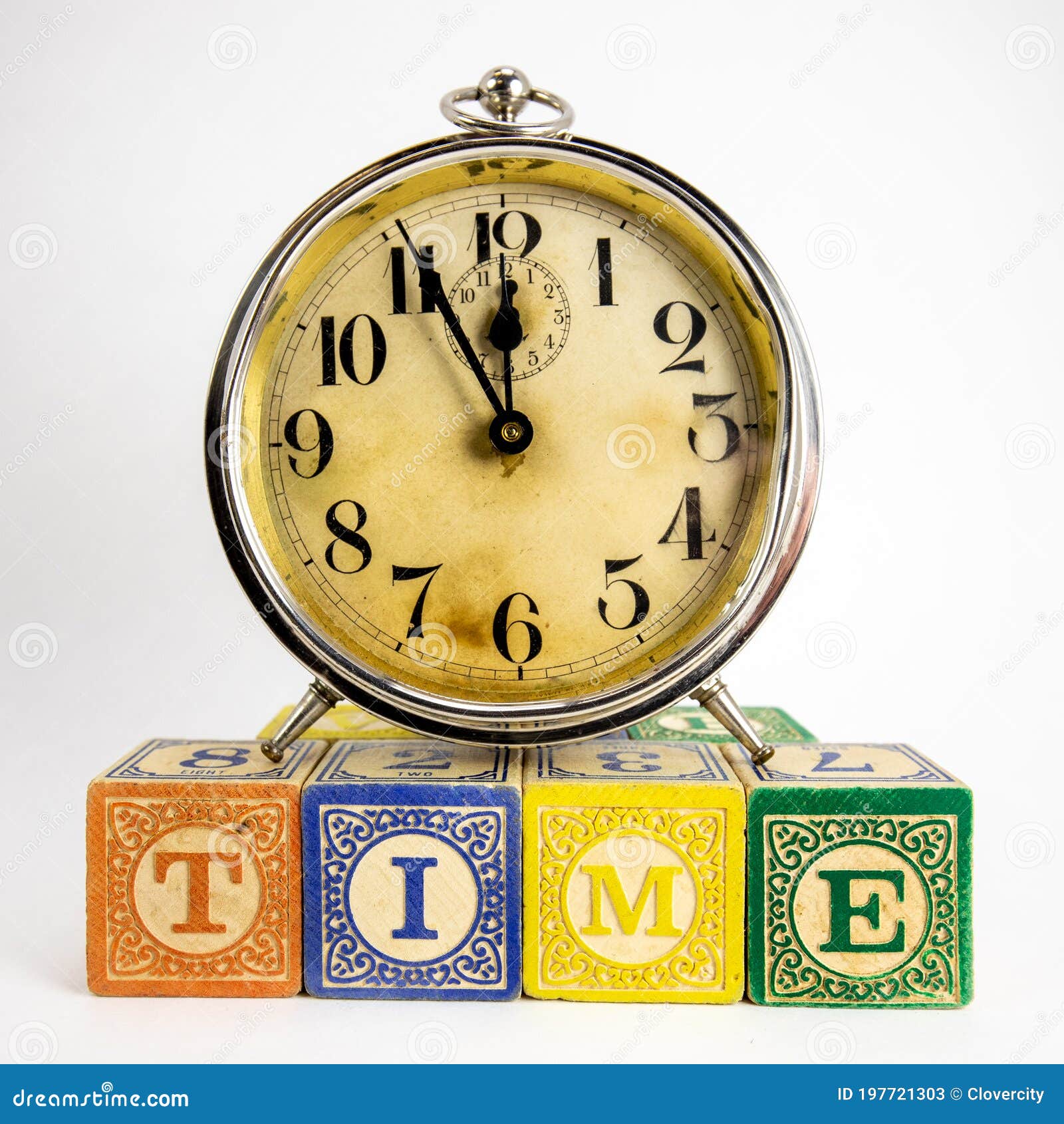 Vintage Alarm Clock on Top of Wood Blocks that Spell Time Stock Image ...