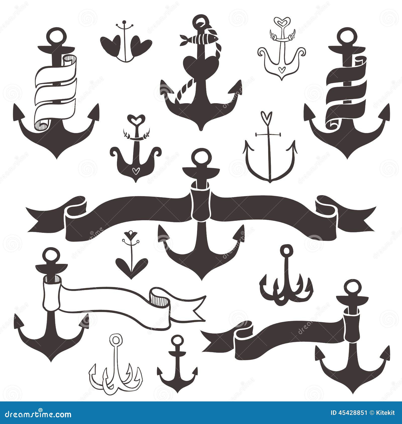 Vintage Anchor with Ribbon Banners. Hand Drawn Elements Stock Vector ...