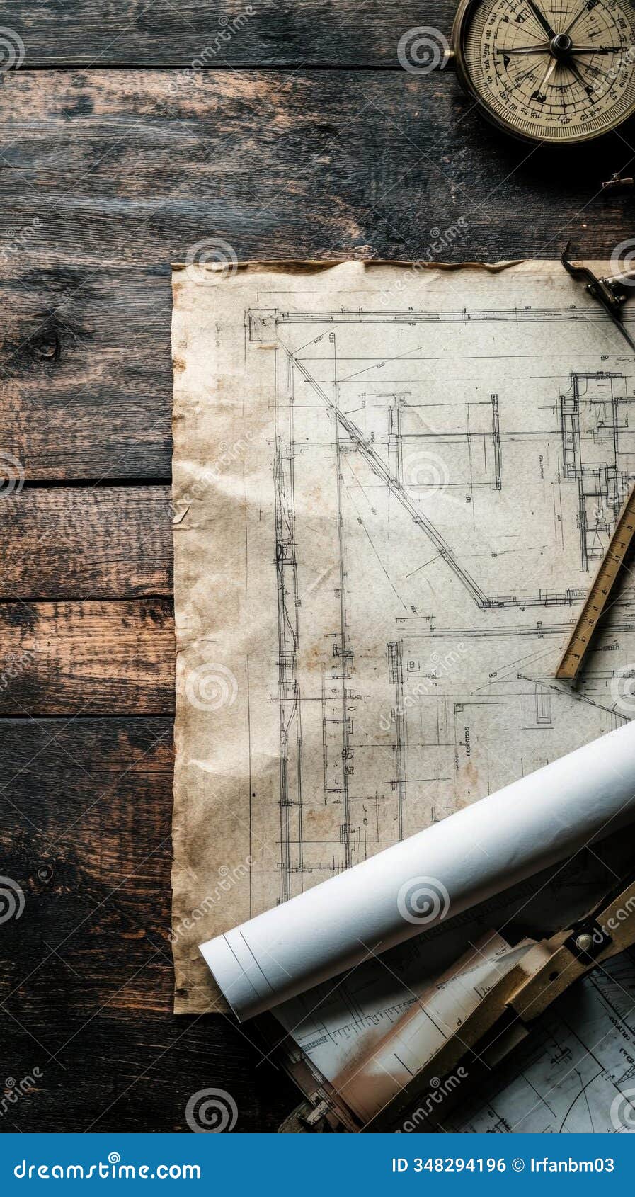 Vintage Architectural Blueprint with Compass and Ruler on Wooden ...