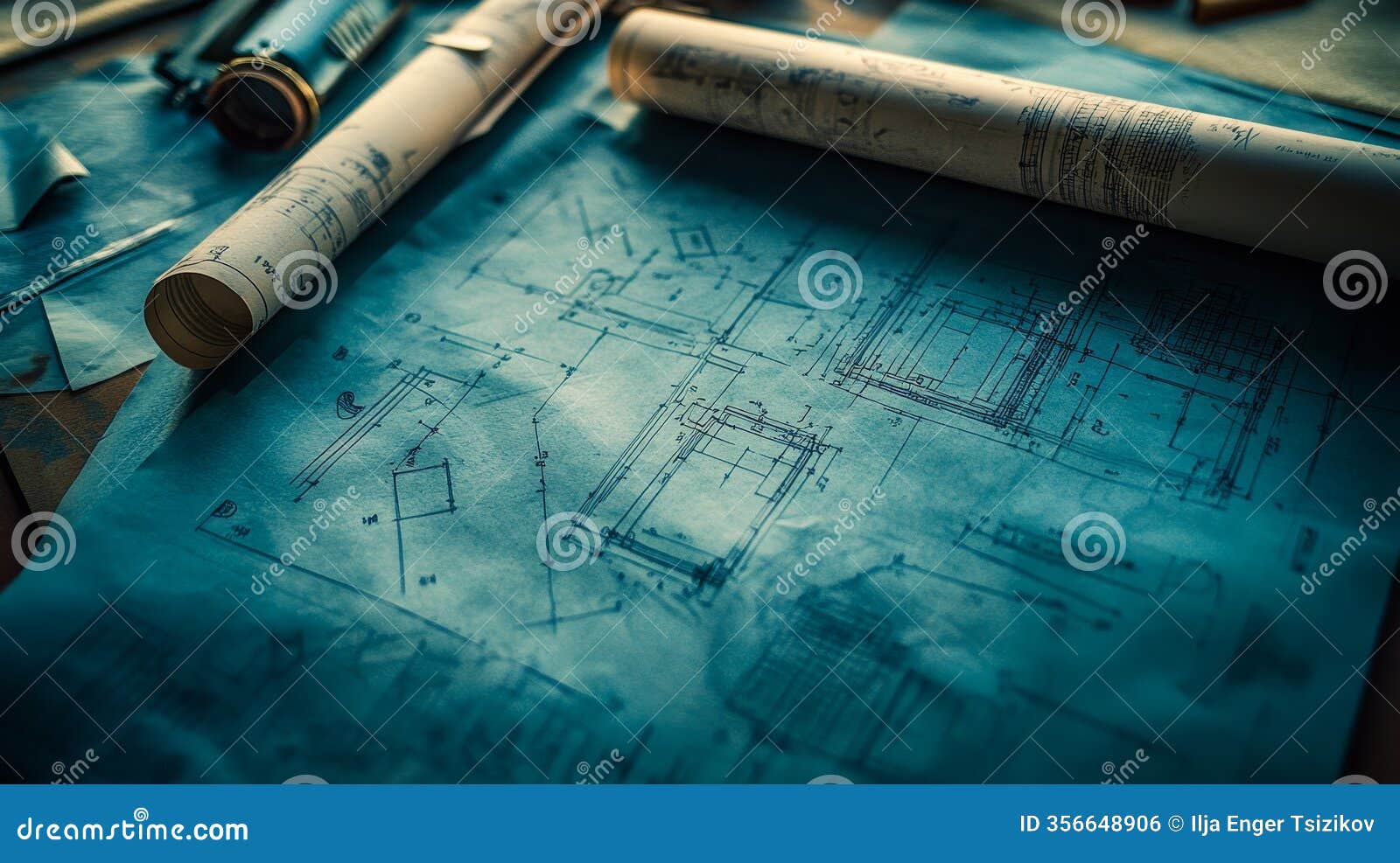 Vintage Architectural Blueprints of House Project with Tools ...