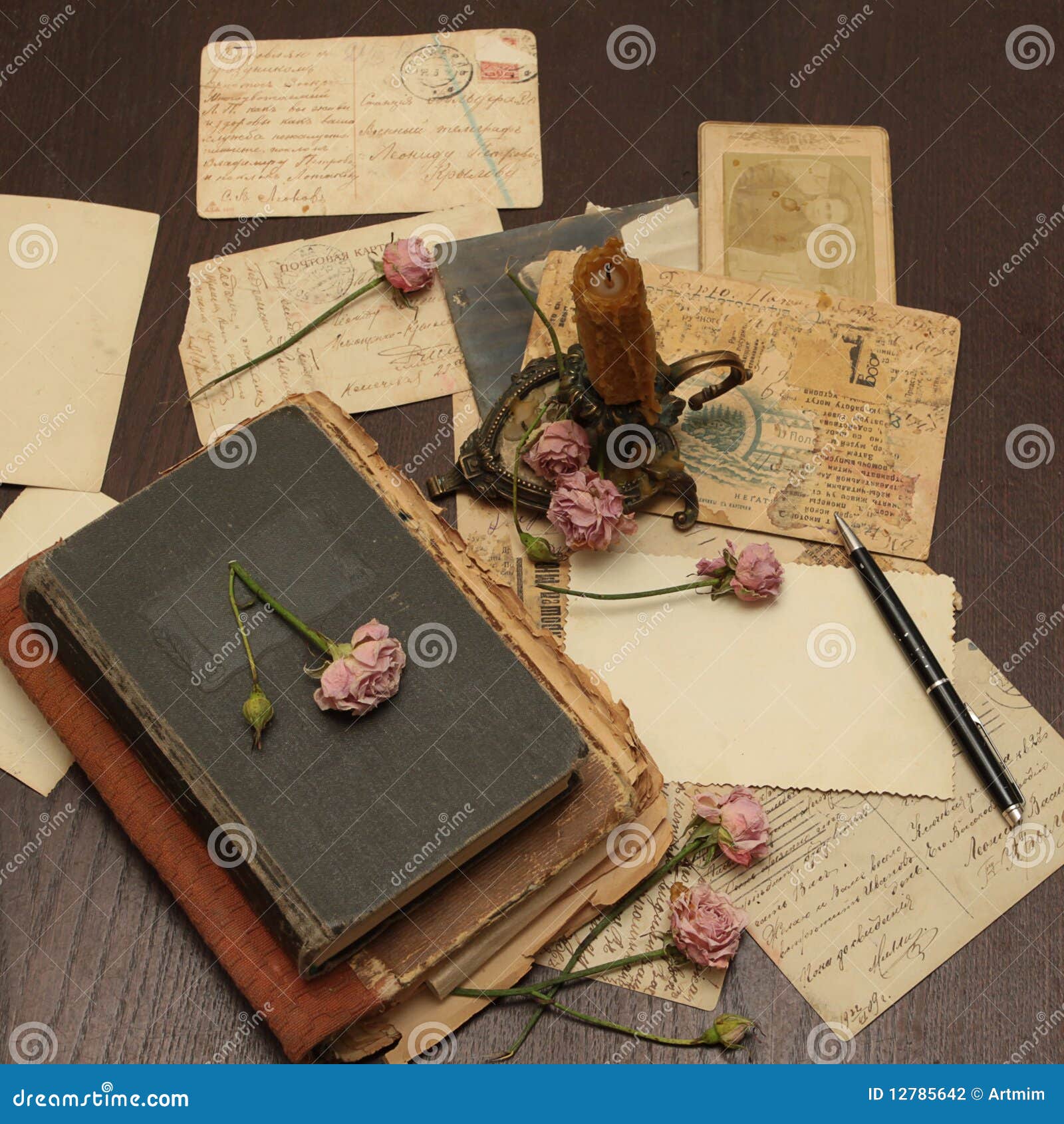 Vintage Background with Books, Postcards, Photo Stock Photo - Image of ...