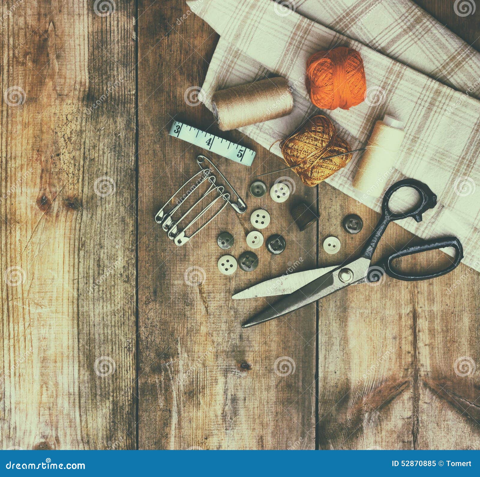 Vintage Background with Sewing Tools and Sewing Kit Over Wooden ...