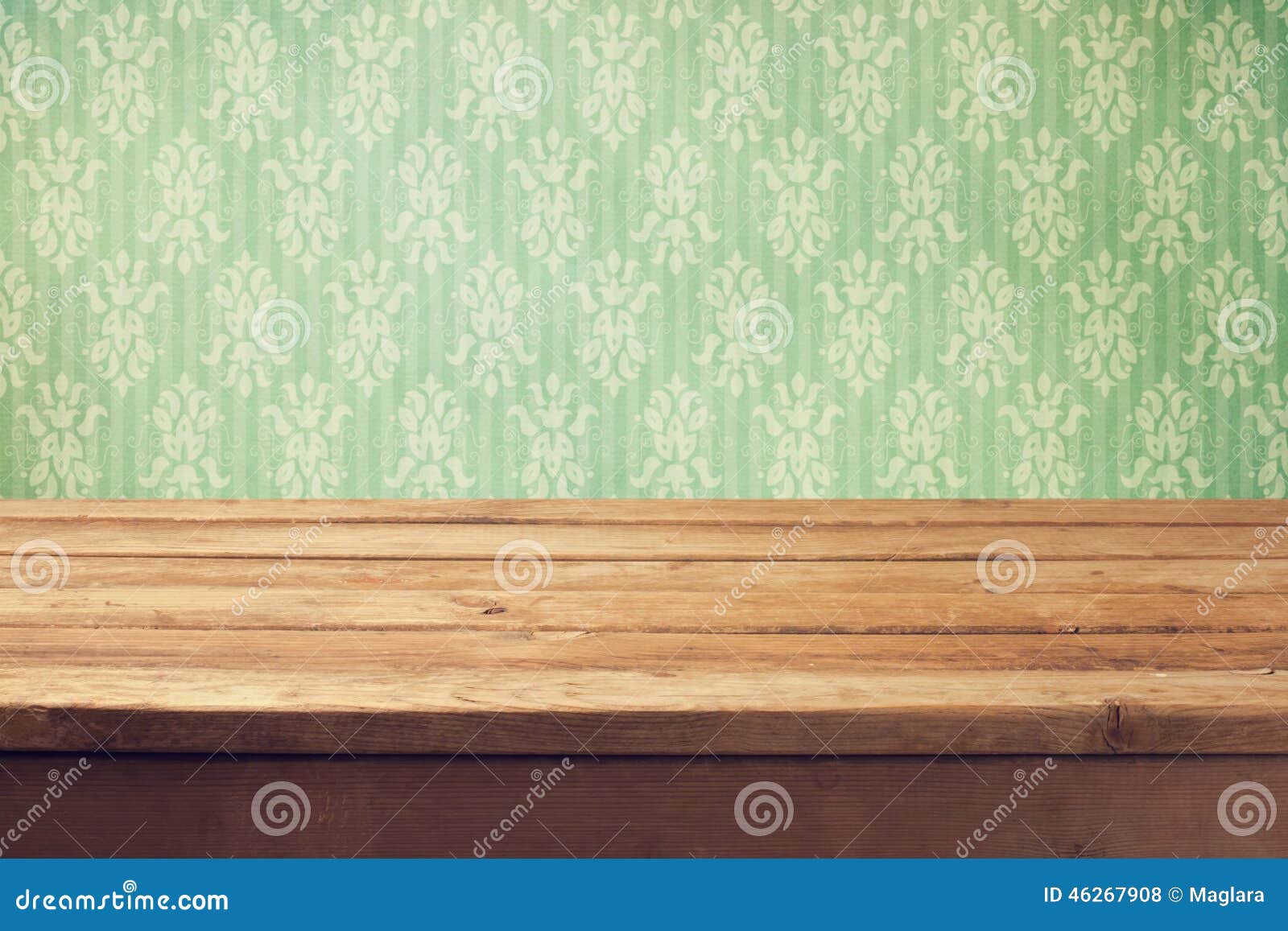 Vintage Background with Wooden Deck Table and Classical Wallpaper Stock ...