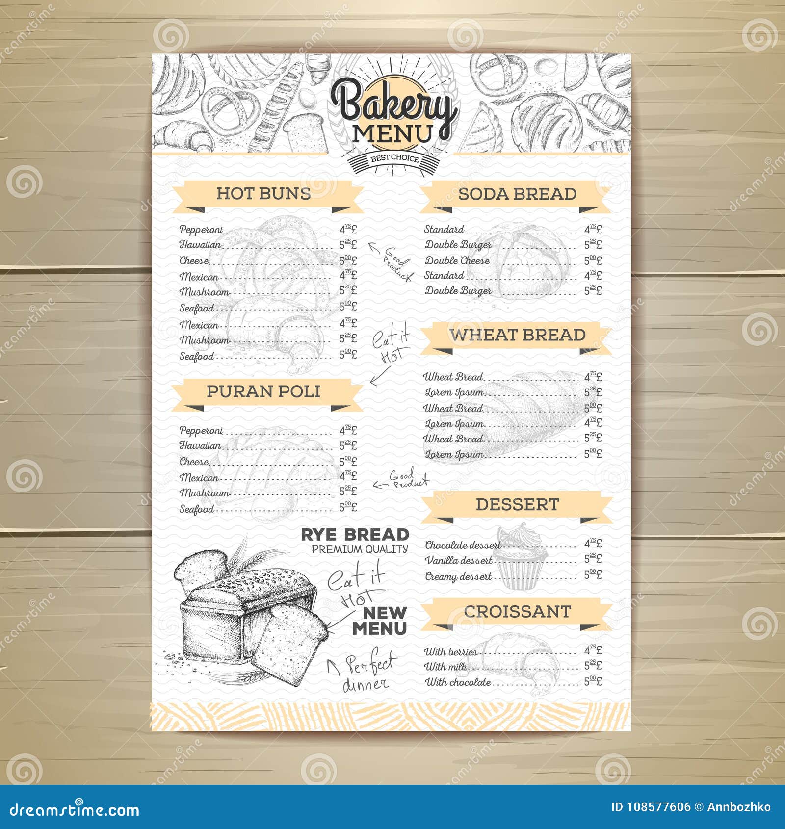 Vintage Bakery Menu Design. Restaurant Menu Stock Vector - Illustration ...