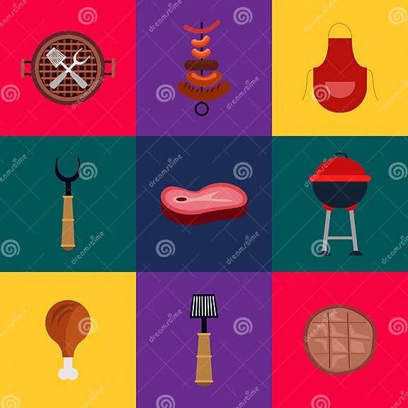 Flat Colorful BBQ Icon Collection Stock Vector - Illustration of steak ...
