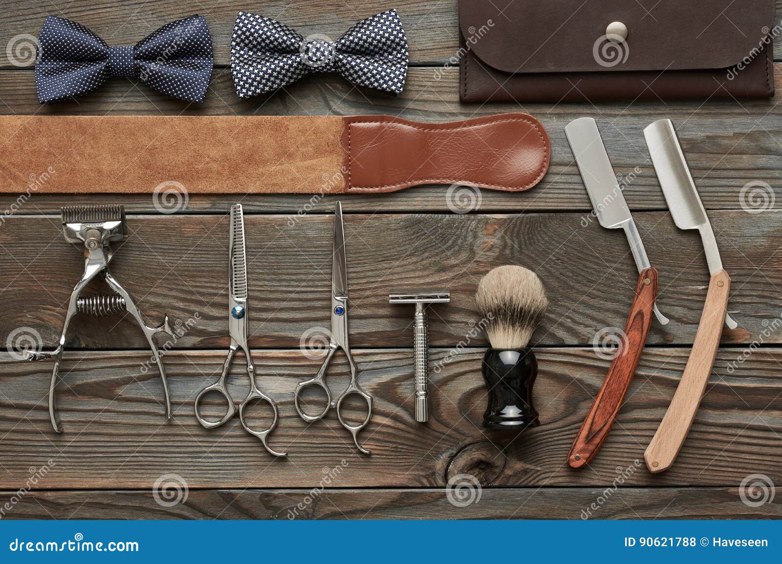 Vintage Barber Shop Tools on Wooden Background Stock Photo - Image of ...