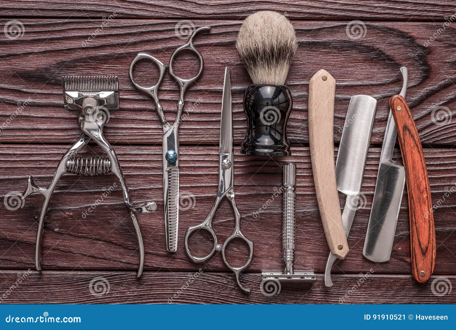 Vintage Barber Shop Tools on Wooden Background Stock Image - Image of ...