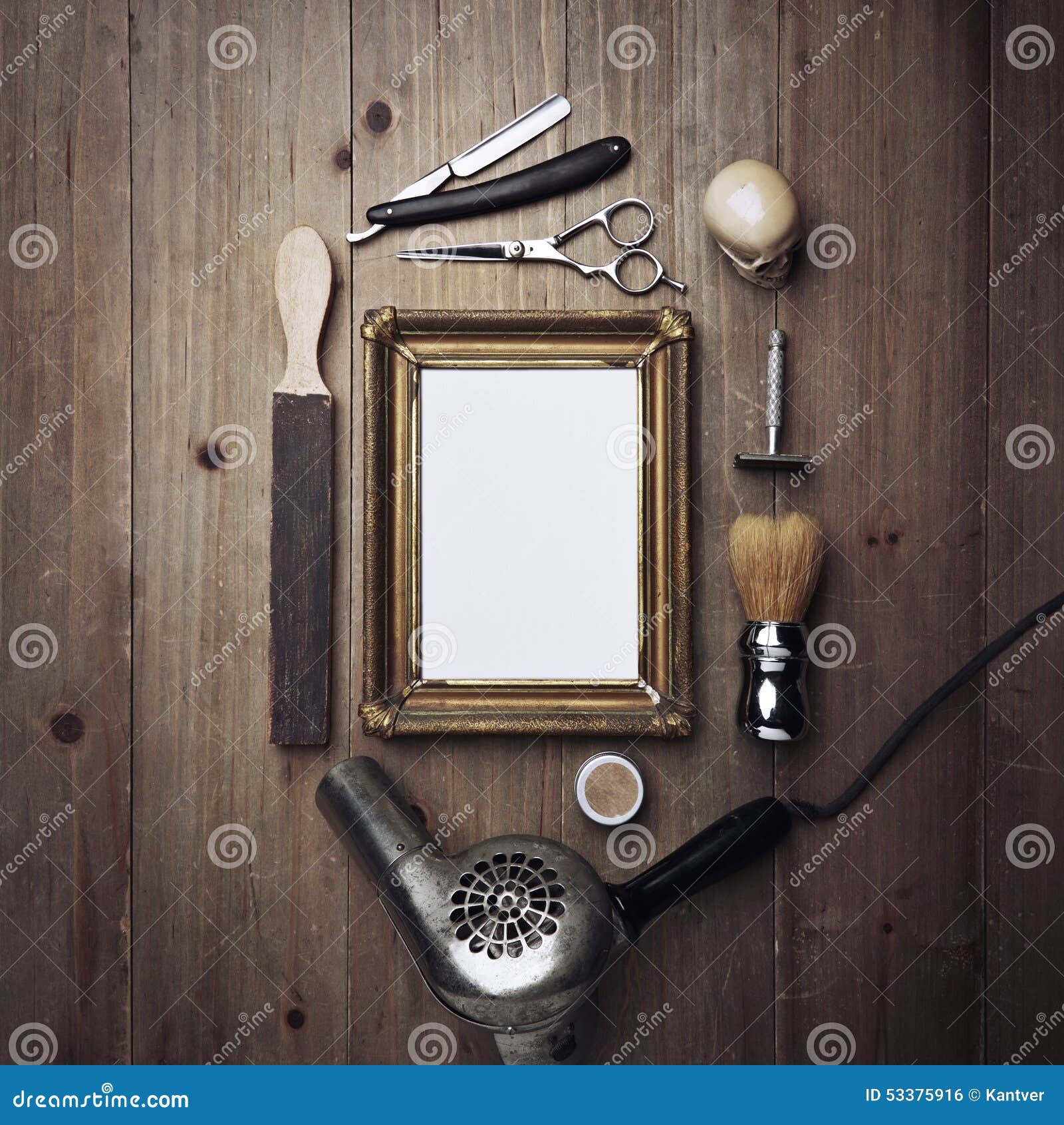 Vintage Barber Tools And White Poster With A Frame Stock Photo - Image ...