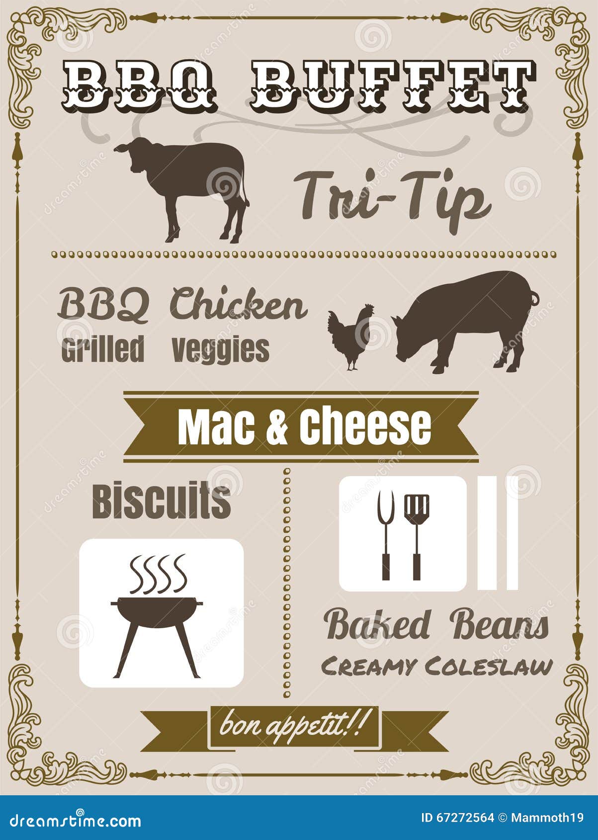 Vintage BBQ Party Menu Poster Design with Meat, Beef. Chicken , Stock ...